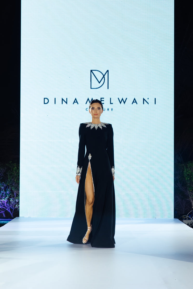 Look 13 - Dina Melwani Couture: Black Gown with Silver Detailing